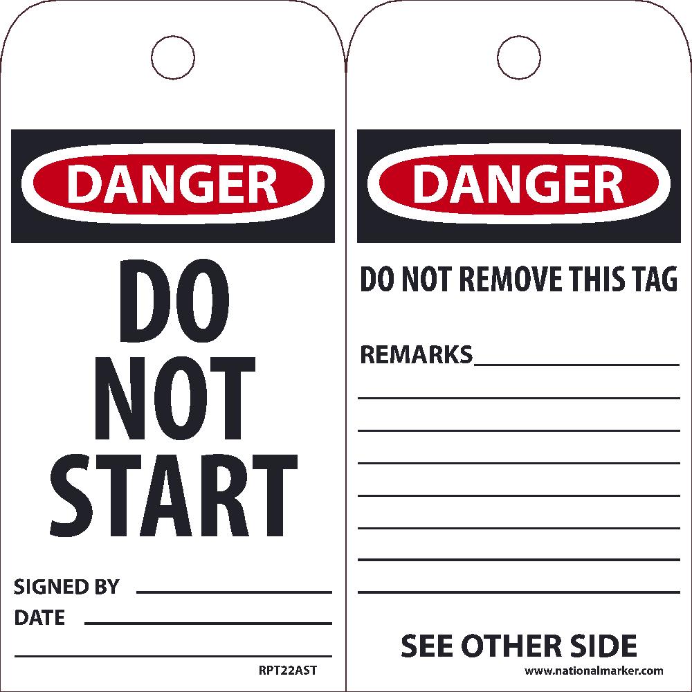 Tags, Danger Do Not Start Tag, 25Pk, 6X3, .010 Synthetic Paper With 1