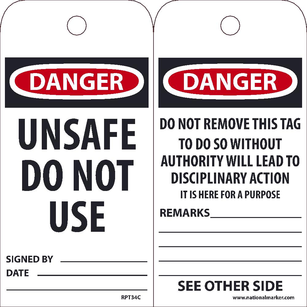 Tags, Danger Unsafe Do Not Use Tag, 25Pk, 6X3, .015 Unrippable Vinyl W